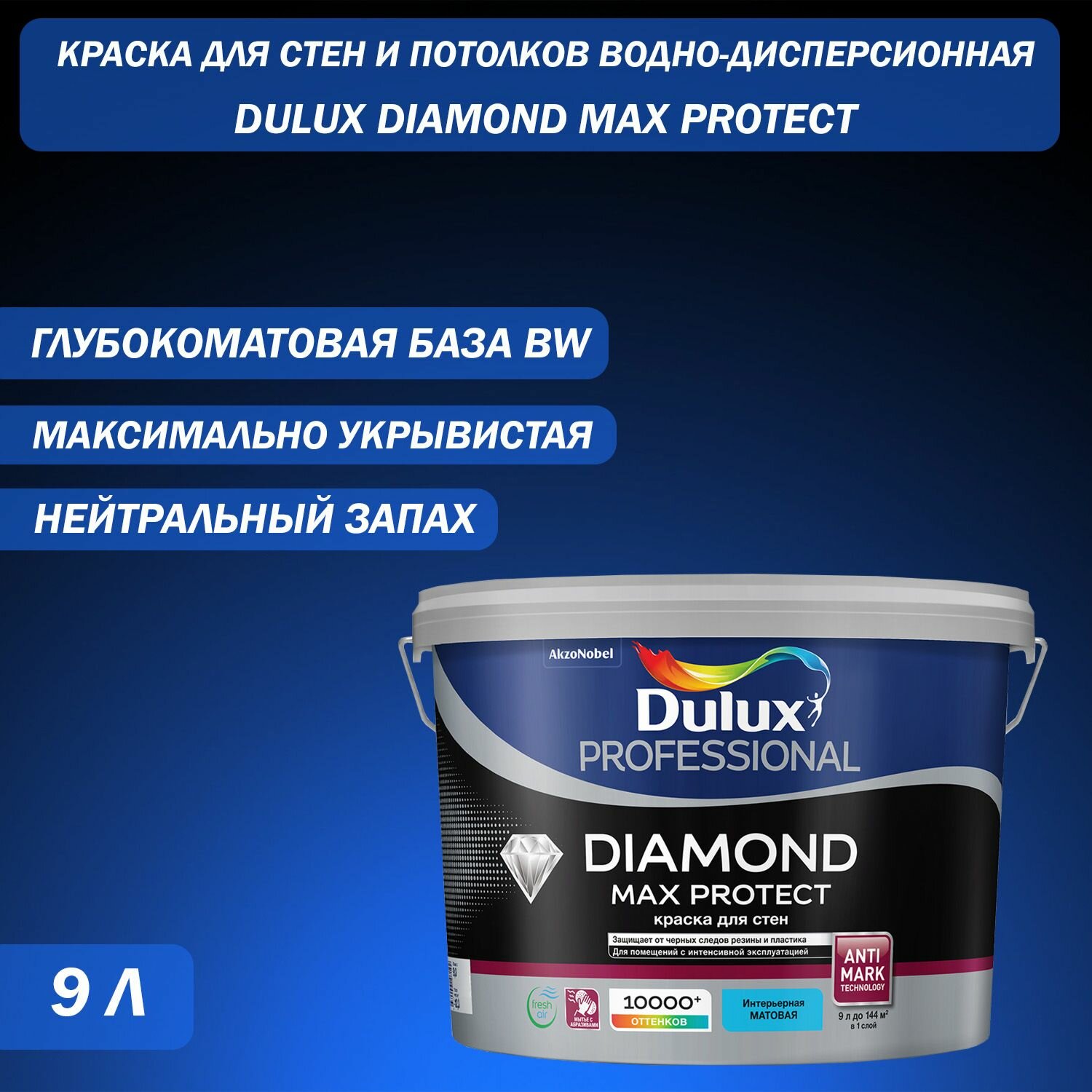 Краска для стен и потолков водно-дисперсионная Dulux Diamond Max Protect глубокоматовая база BW 9 л