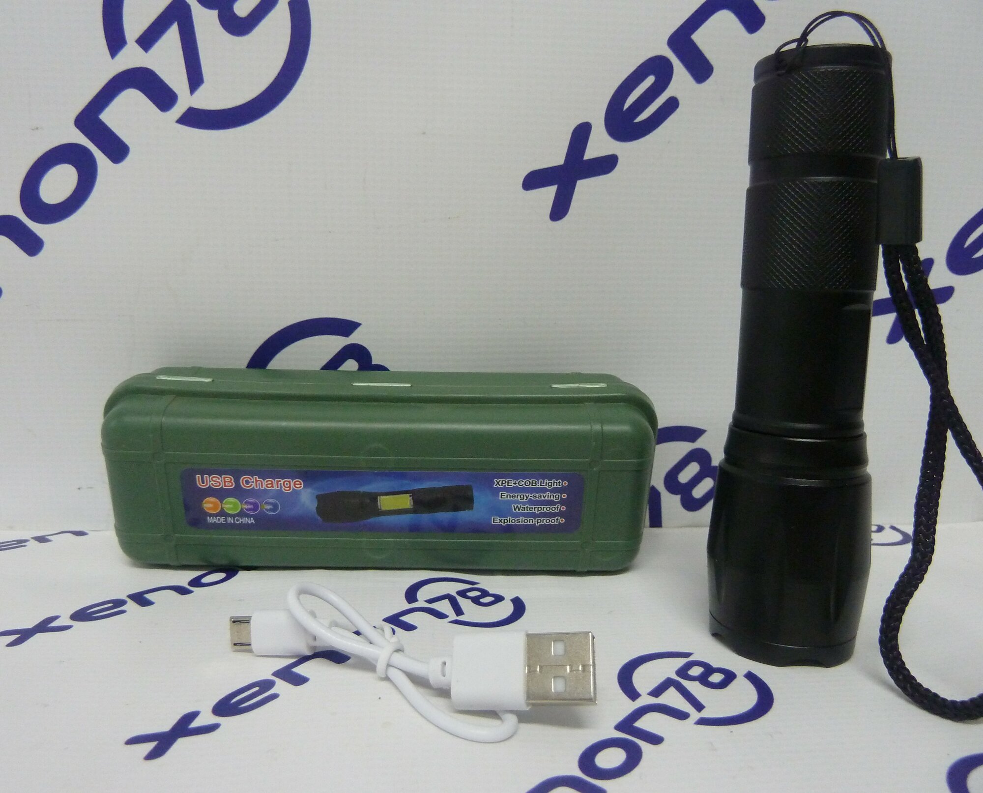 Светодиодный, карманный фонарик X-4 4 in 1 (белый / синий / красный / зеленый свет) встроенный аккумулятор 18650, USB - 1 шт