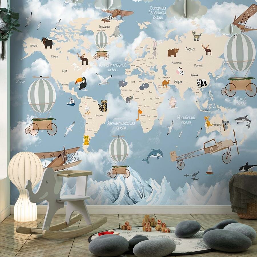 Фотообои Карта мира для мальчика 12-1150-L-Холст 270 x 400 см (ВхШ) Бесшовные, флизелиновые, влагостойкие обои MasterFresok