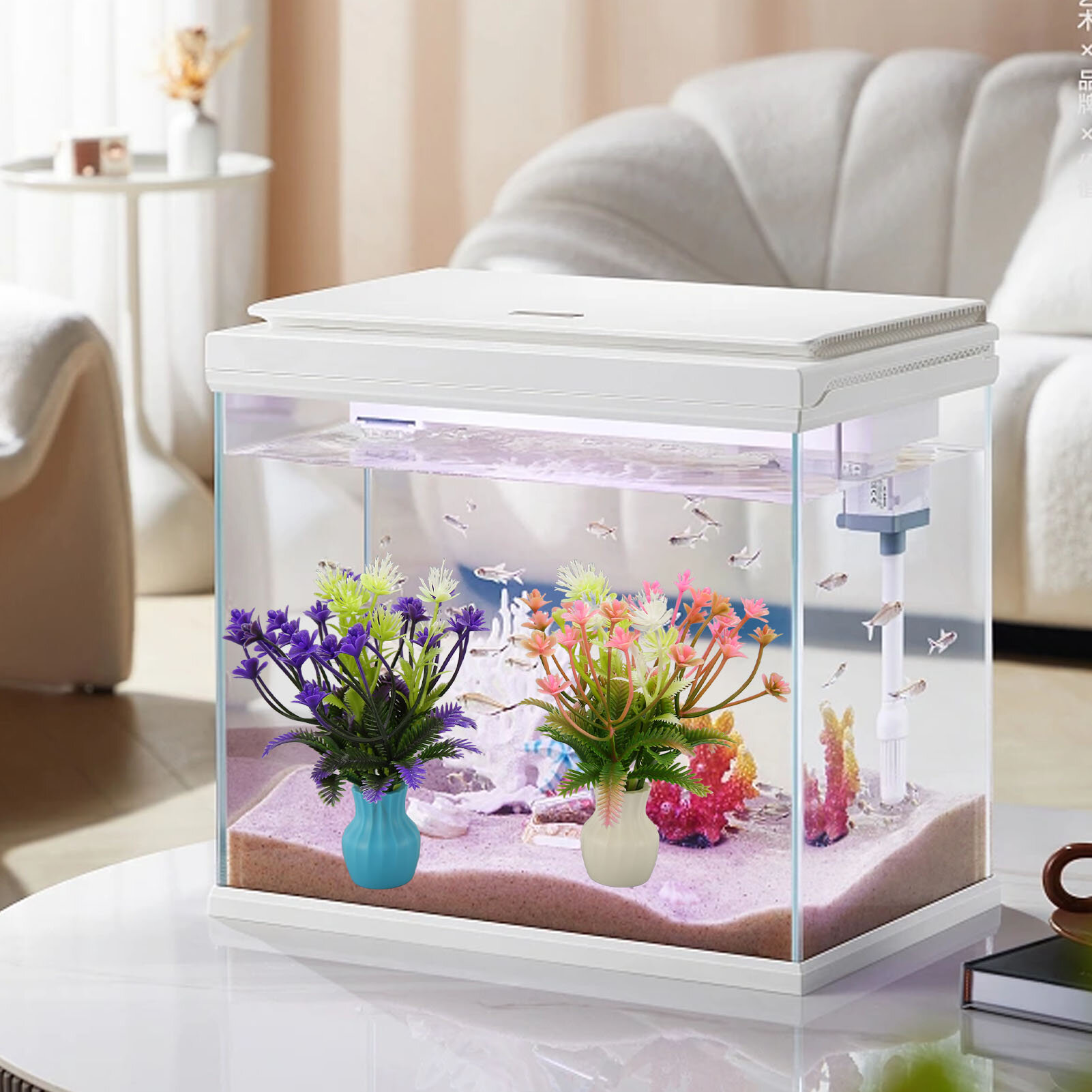 Аквариум, искусственный цветок, декор, светящаяся имитация искусственного аквариума, цветок с вазой для гостиной, офиса, балкона, 2 шт.