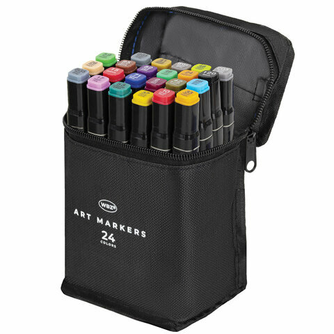 Маркеры для скетчинга двусторонние, набор 24 шт, базовые цвета, в чехле, WBZ, 152571