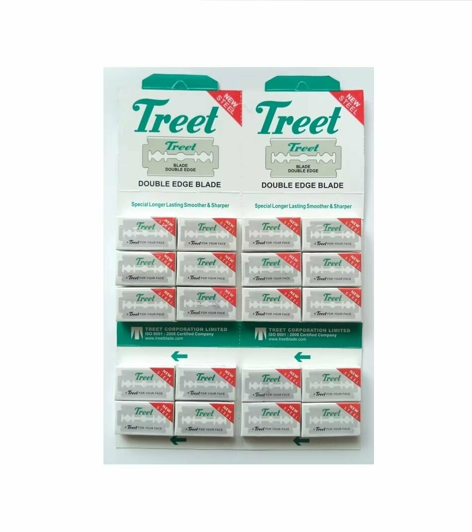 Бритвенные лезвия Treet "New Steel", карбоновая сталь, на листе 20 коробок по 10 шт