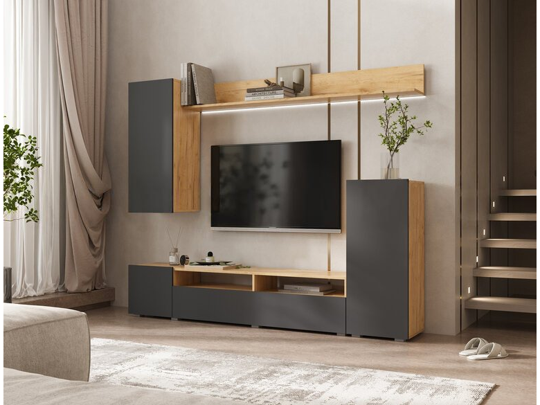 Гостиная, выполненная из материала ЛДСП, в современном стиле, Графит/дуб крафт