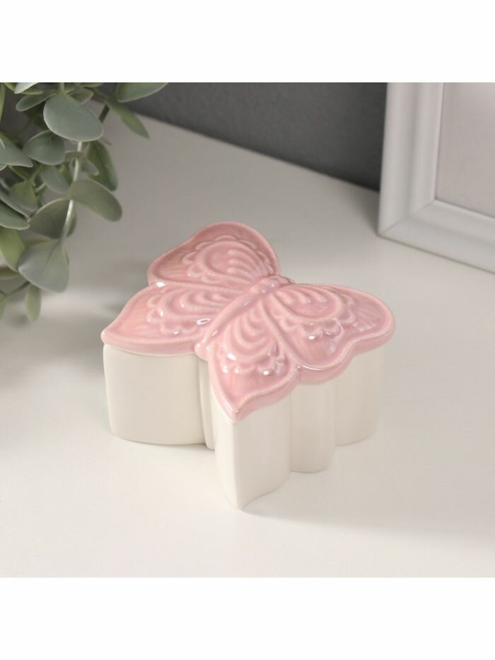 Шкатулка для украшений Бабочка фигурная , керамика, розовый перламутр, 7.3х7.3х4.5 см