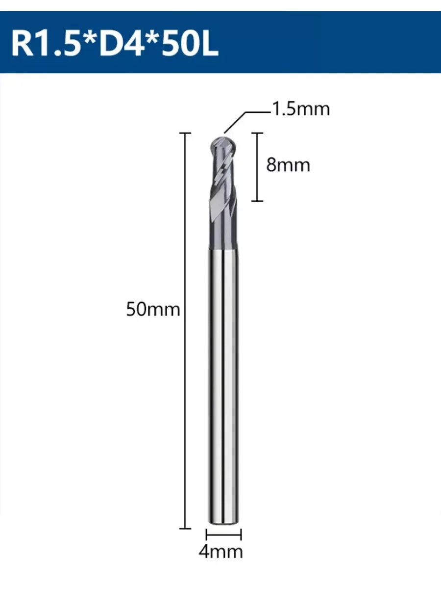 Фреза по металлу сферическая 3 мм R1,5 HRC55 твердосплав