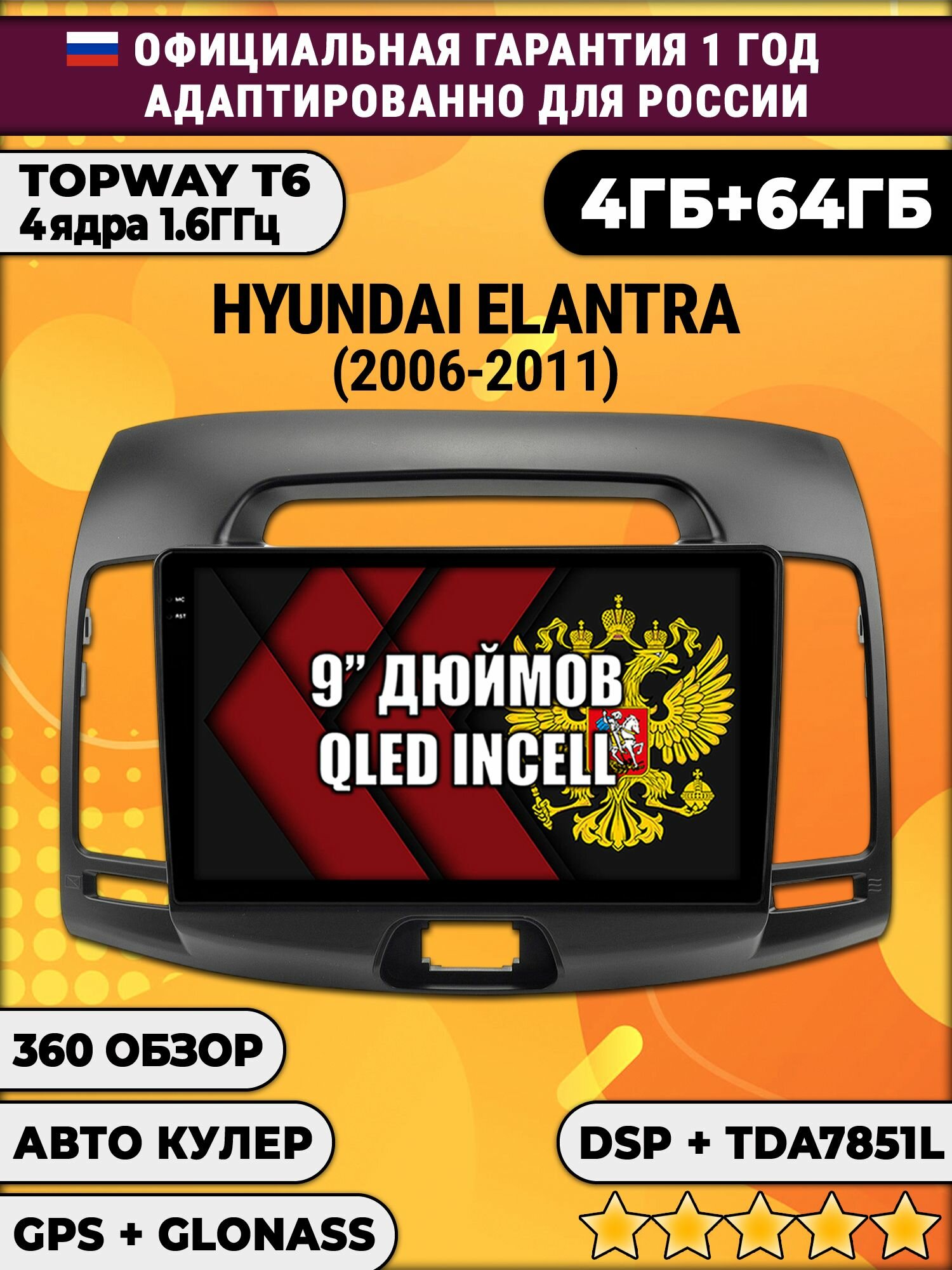 4гб+64гб с DSP для HYUNDAI ELANTRA (2006-2011), Android магнитола, без слота под симку, усилитель звука TDA7851 и поддержка 360 камер