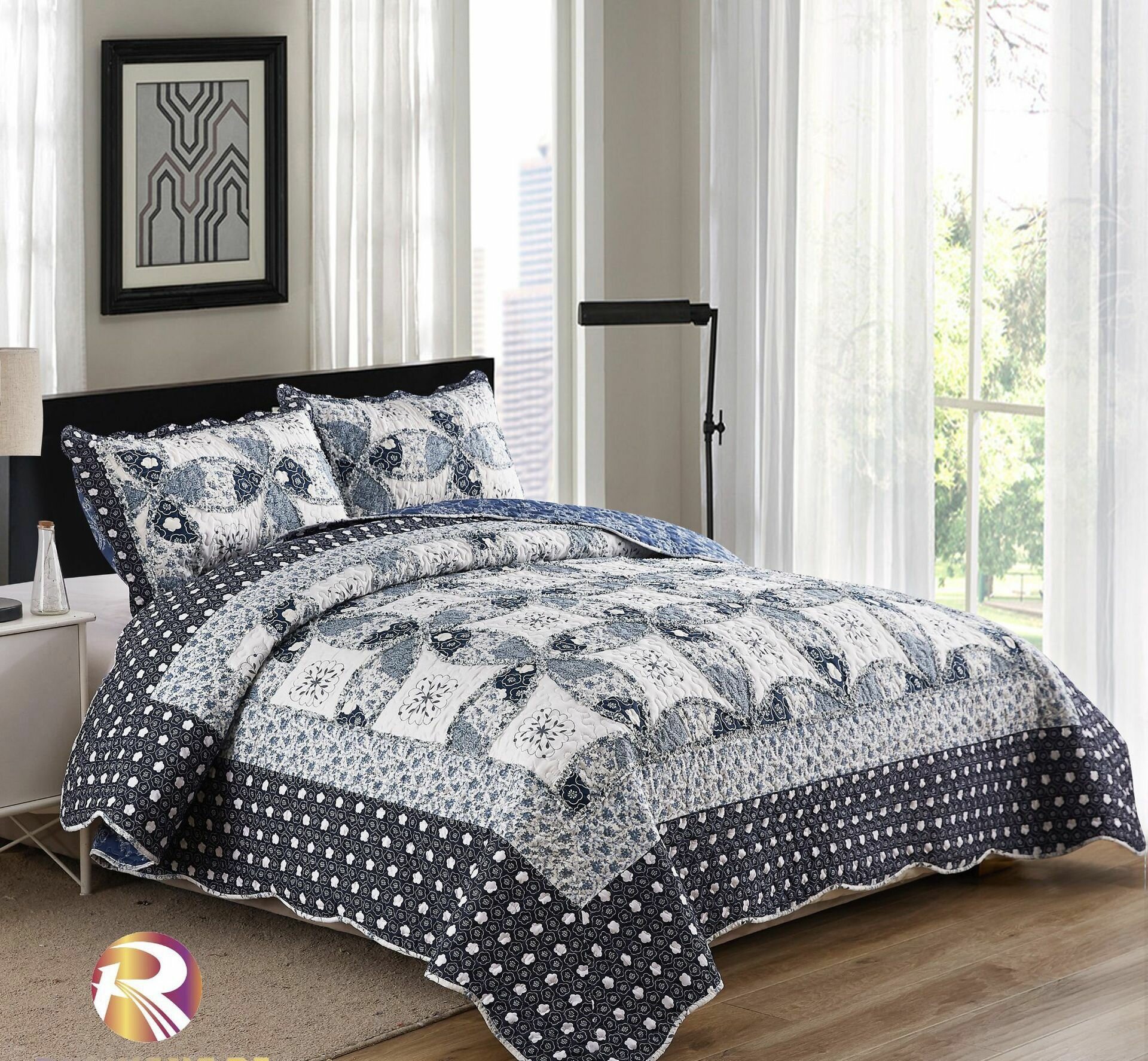 Покрывало с наволочками лоскутное пэчворк Зелено-Голубой 240х220 Patchwork