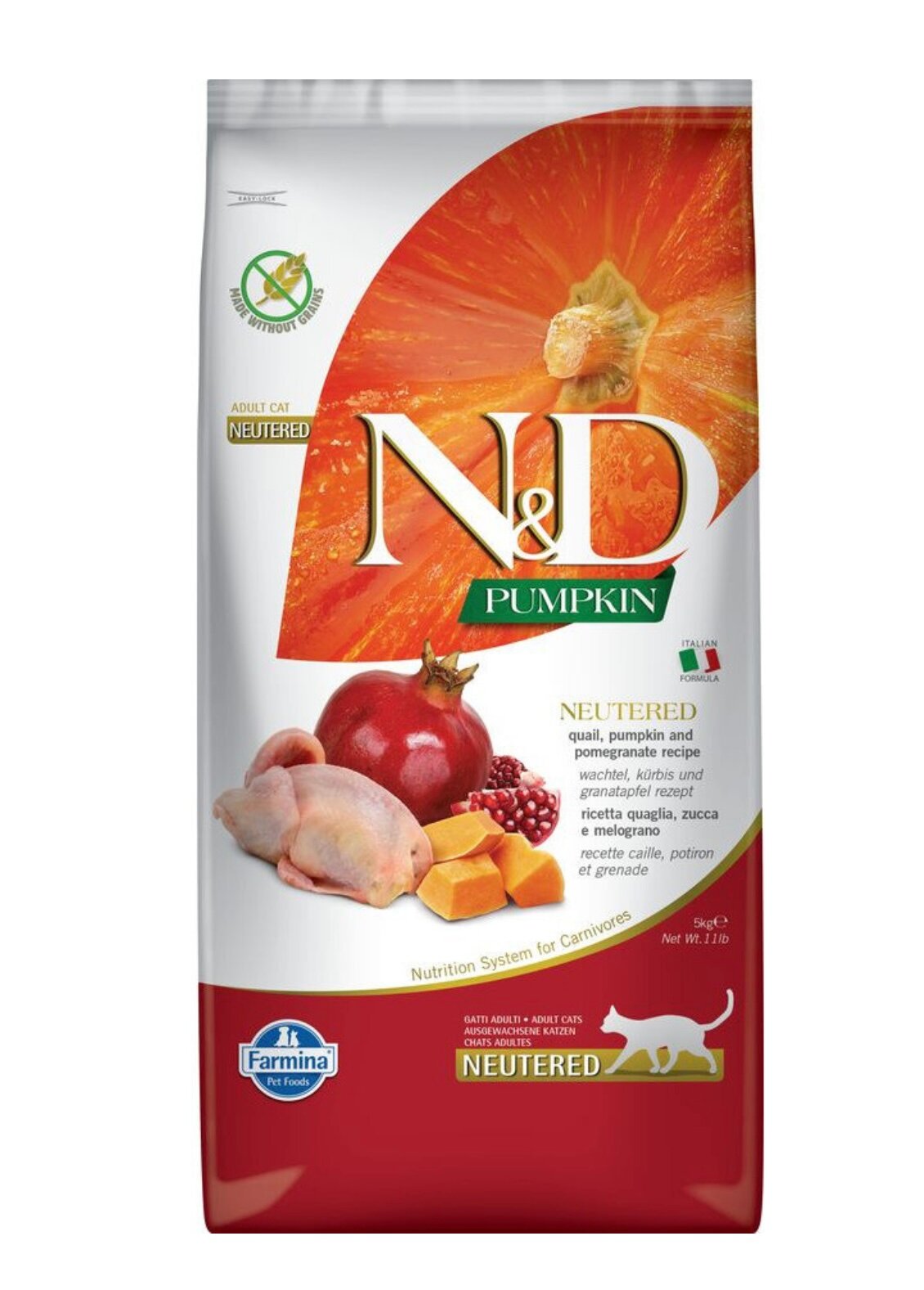 Сухой корм Farmina ND Cat Pumpkin Neutered Quail для стерилизованных кошек с перепелкой и тыквой, 5кг