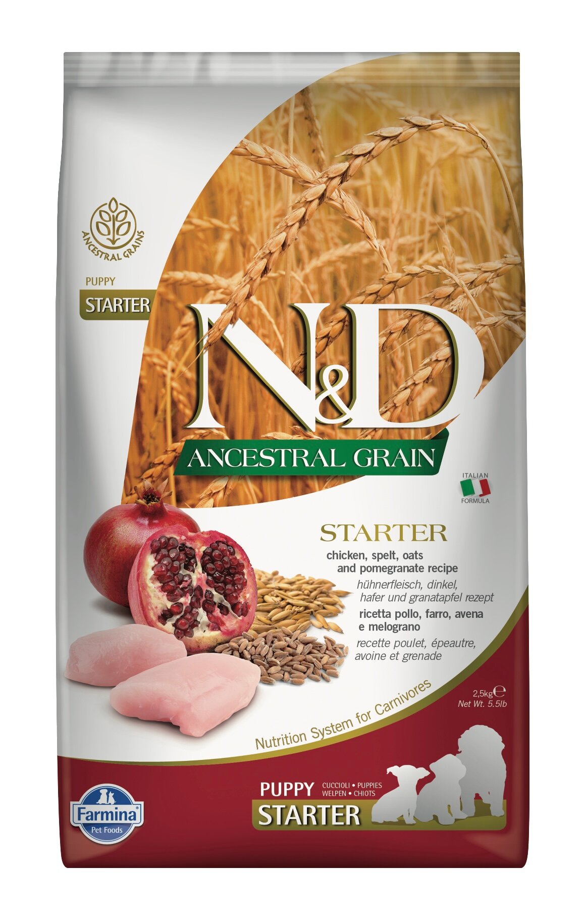 Корм сухой FARMINA ND ANCESTRAL GRAIN DOG Chicken Pomegrante Puppy Starter для щенков с момента отъёма с курицей, 2,5кг