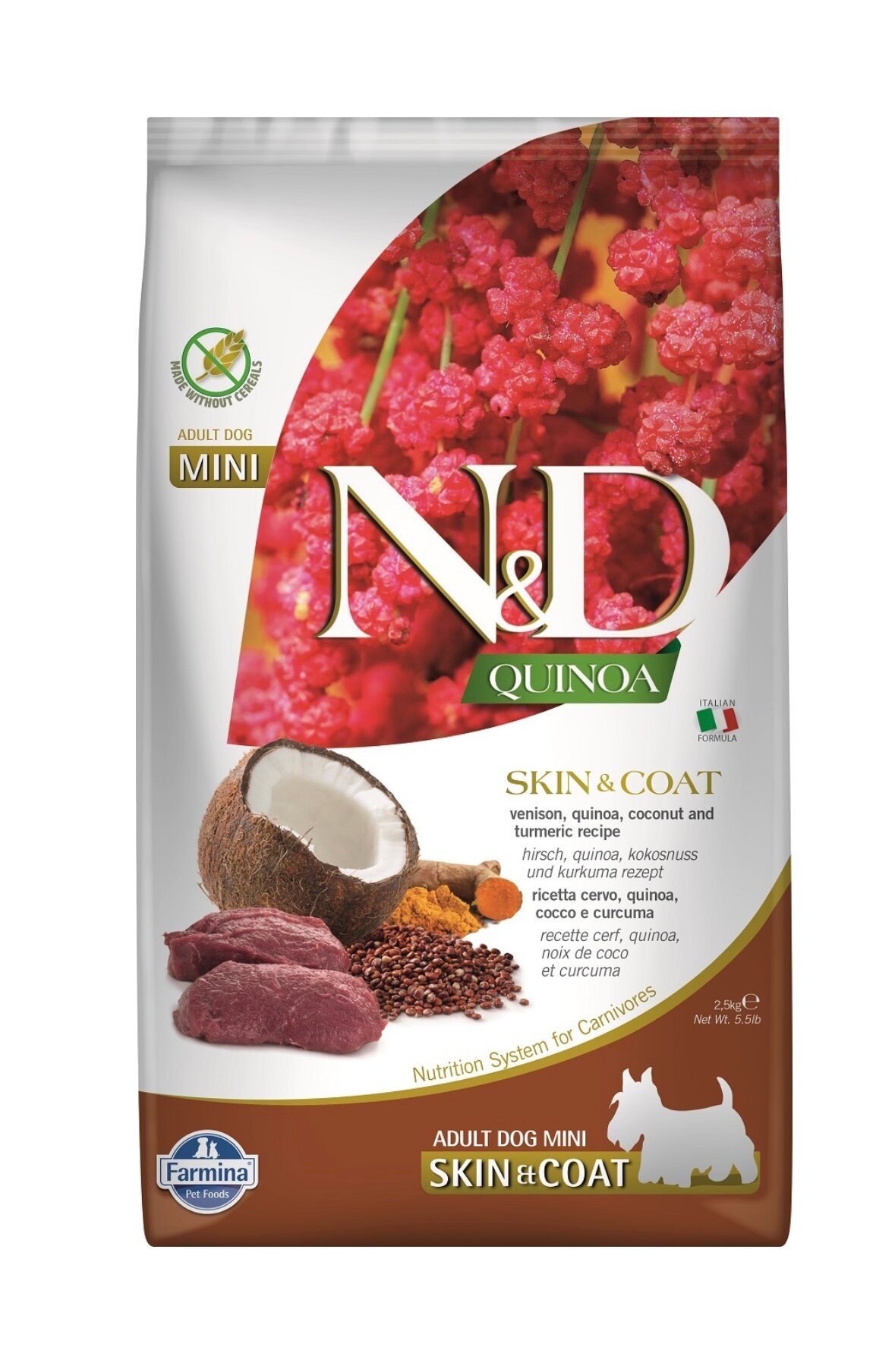 Сухой корм Farmina ND Dog GF Quinoa Skin-Coat Venison Mini для взрослых собак мелких пород с олениной, уход за кожей и шерстью, 2,5кг