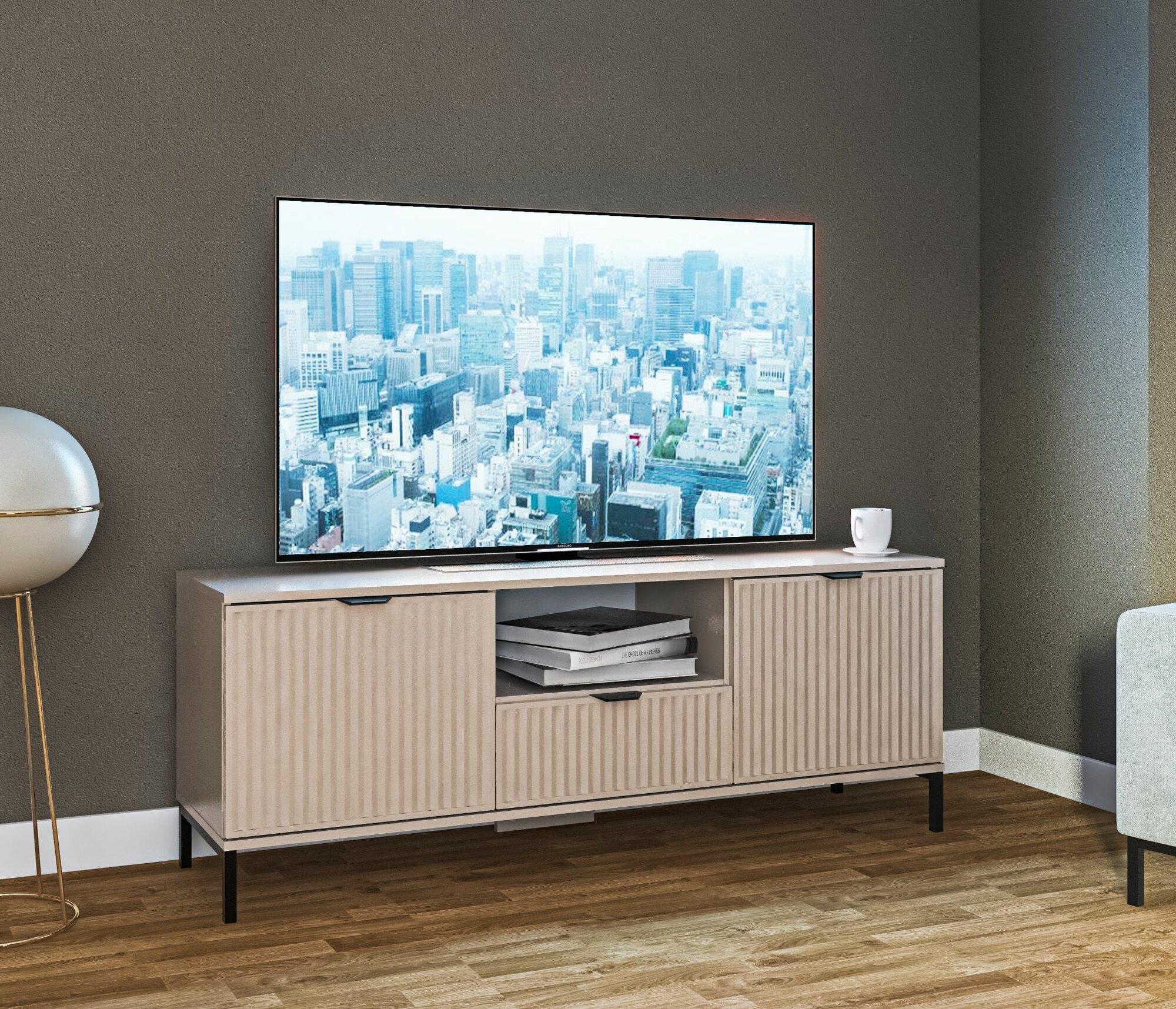 Тумба под телевизор столплит Турин СБ-3572 с полками и ящиком, ЛДСП, МДФ, Кашемир серый, 150х39х56 см