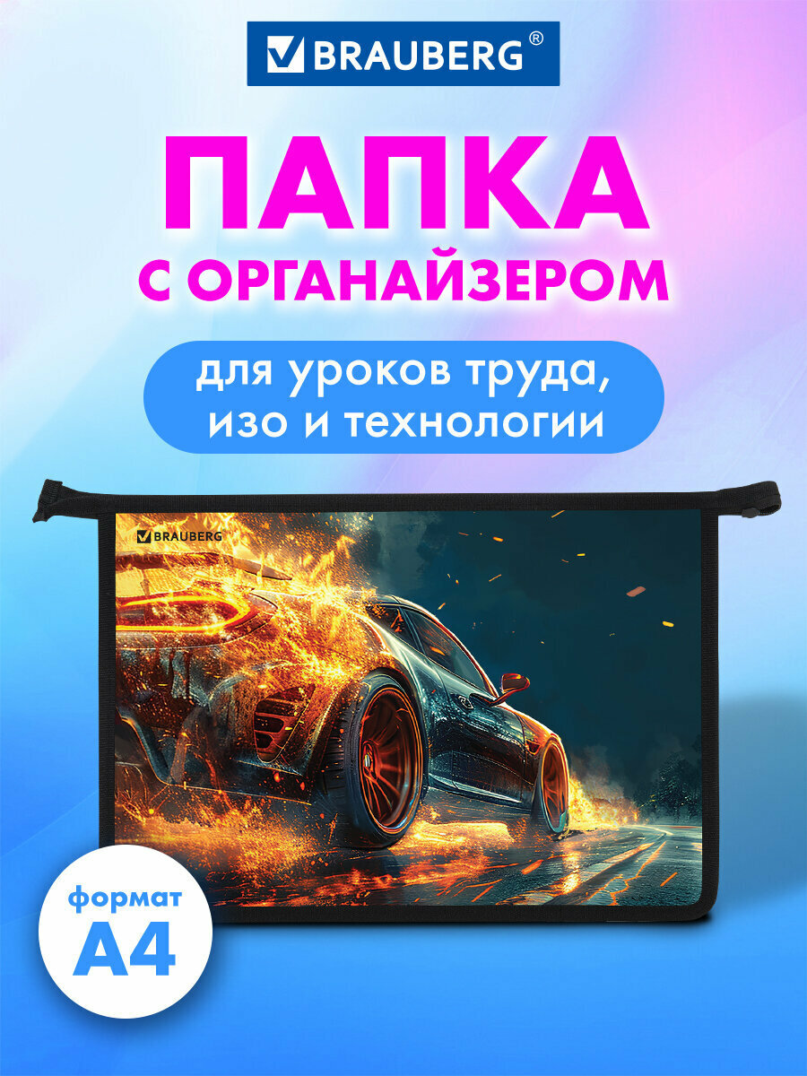 Папка для тетрадей, труда, рисования и изо А4 для мальчика на молнии, канцелярия для школы, органайзер 2 отделения, Brauberg, 273404