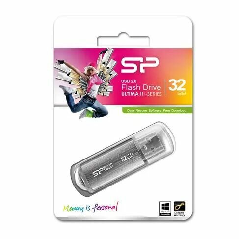 Память USB Flash 32 ГБ Silicon Power Ultima II I-Series (SP032GBUF2M01V1S) - USB 2.0, до 20 Мбайт/сек, монолит с колпачком, металл, пластик