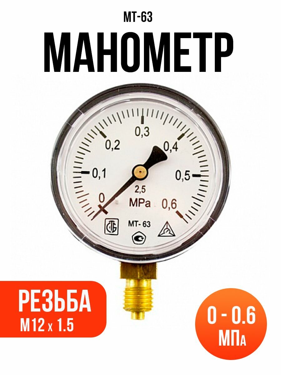 Манометр для автоклава МТ 63П 0,6МПа (метрическая резьба М12х1.5)