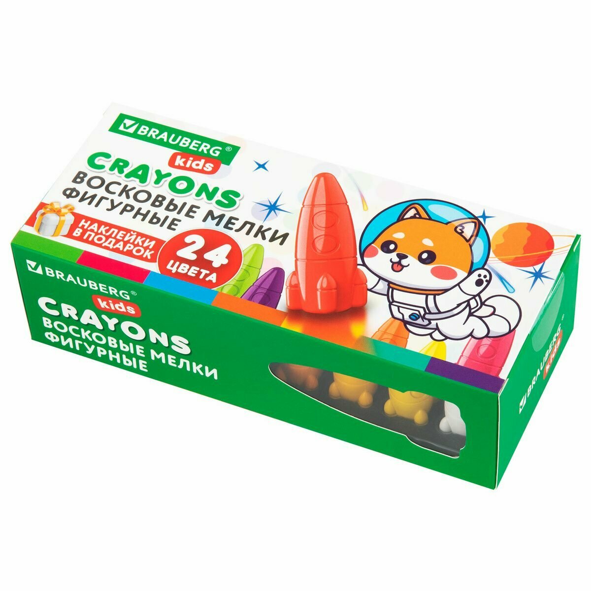 Мелки восковые 24 цвета Brauberg Kids "Ракета" (фигурные + наклейки) 24шт. (273083), 72 уп.