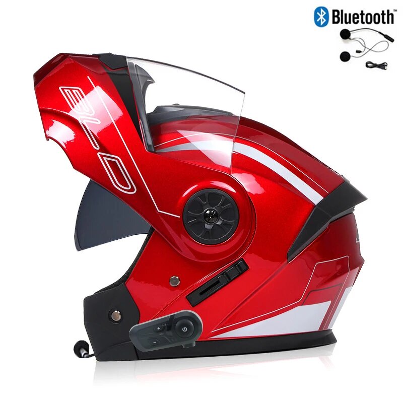 Мужские мотоциклетные шлемы с Bluetooth, анфас, Casco для мотоциклов, мужские шлемы для мотокросса, откидная шлем De Moto, сертифицированный DOT BLD Красный, L, 21