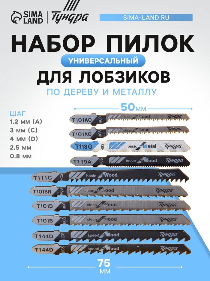 Универсальный набор пилок для лобзиков тундра, по дереву и металлу, 10 шт.