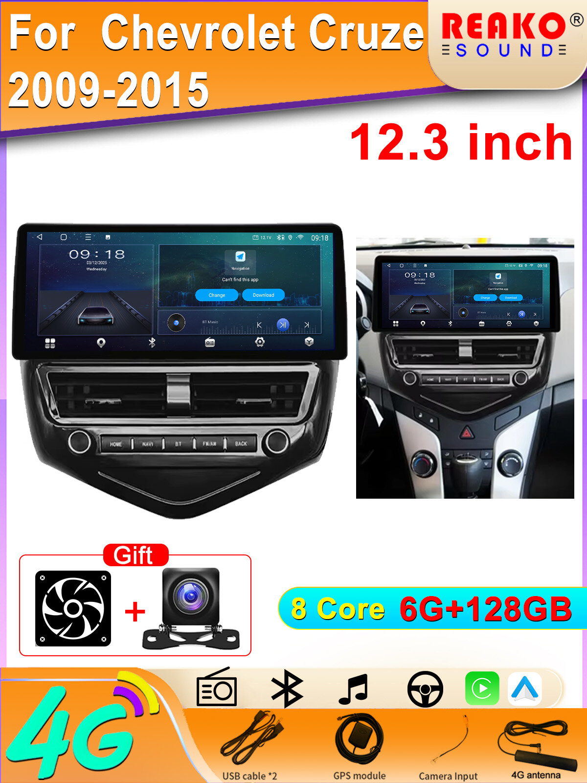 Магнитола для Chevrolet Cruze 2009-2015 , с камерой заднего вида. IPS экран 12.3 дюймов, Wifi 2din с сенсорным экраном, usb и блютузом.