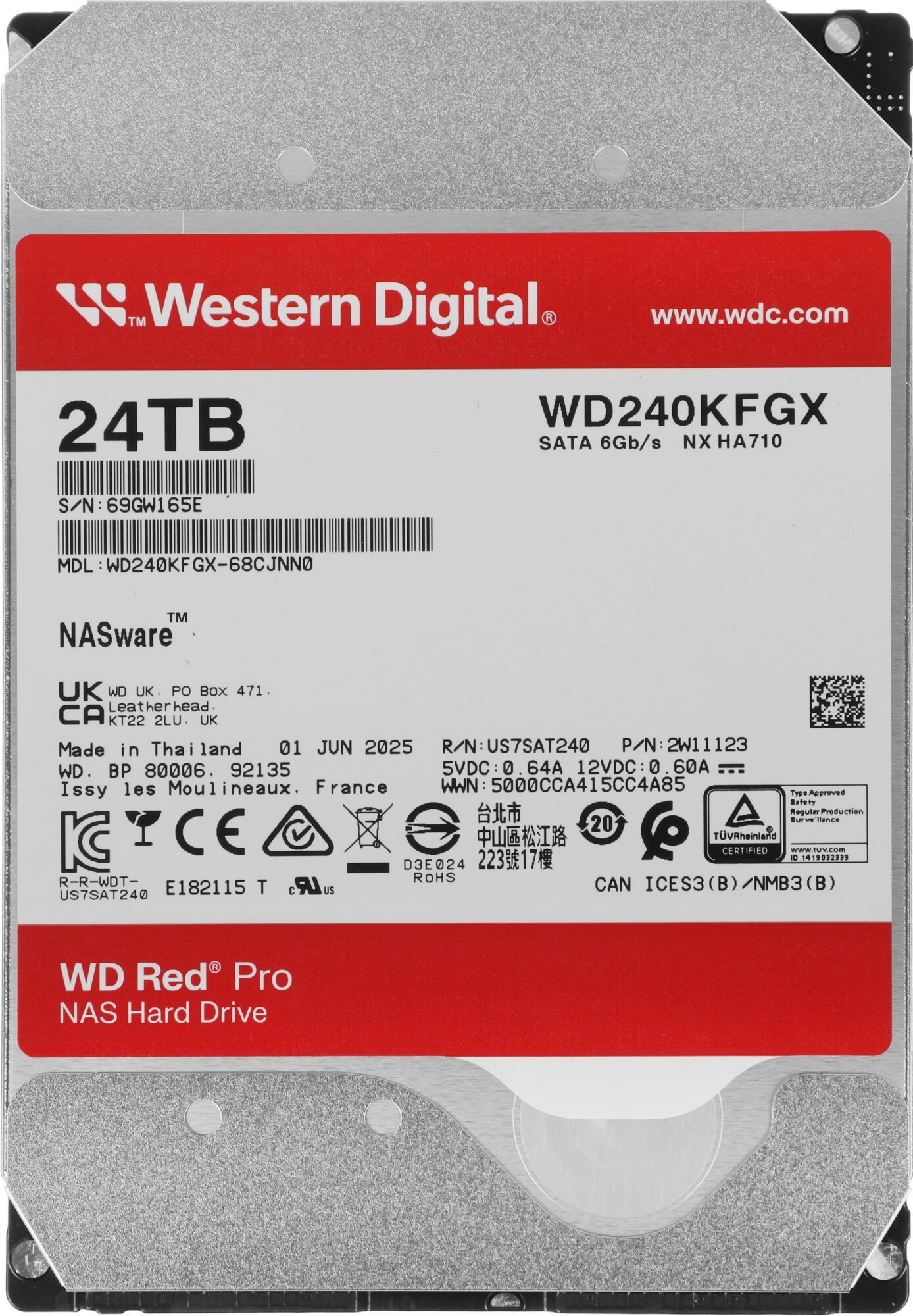 Жесткий диск WD SATA-III 24TB WD240KFGX NAS Red Pro, 3.5"