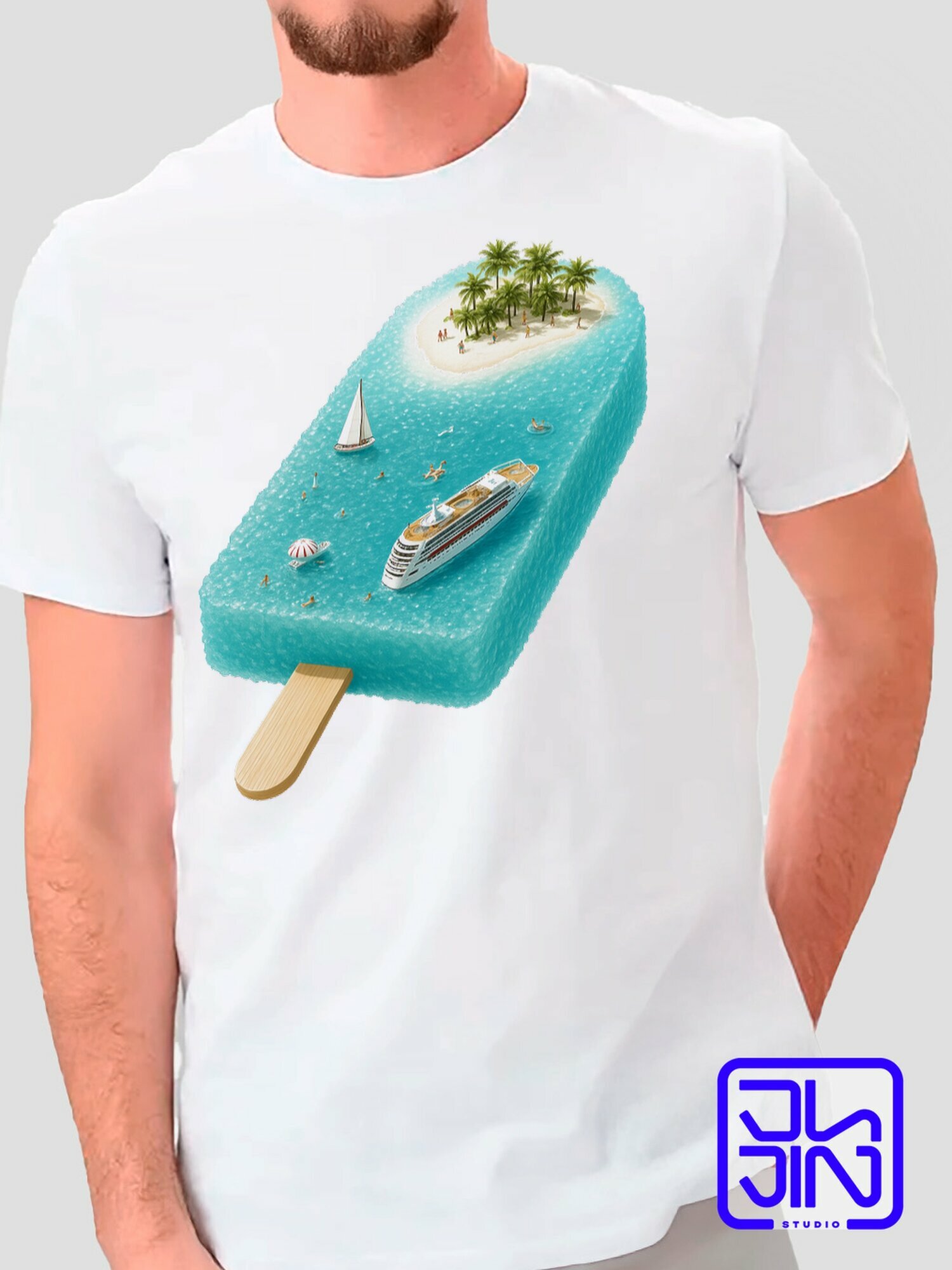 Футболка классическая мужская с авторским принтом Бирюзовое мороженое с пляжной лагуной, кораблем и морской волной океана, белый хлопковый трикотаж с прикольным рисунком на груди