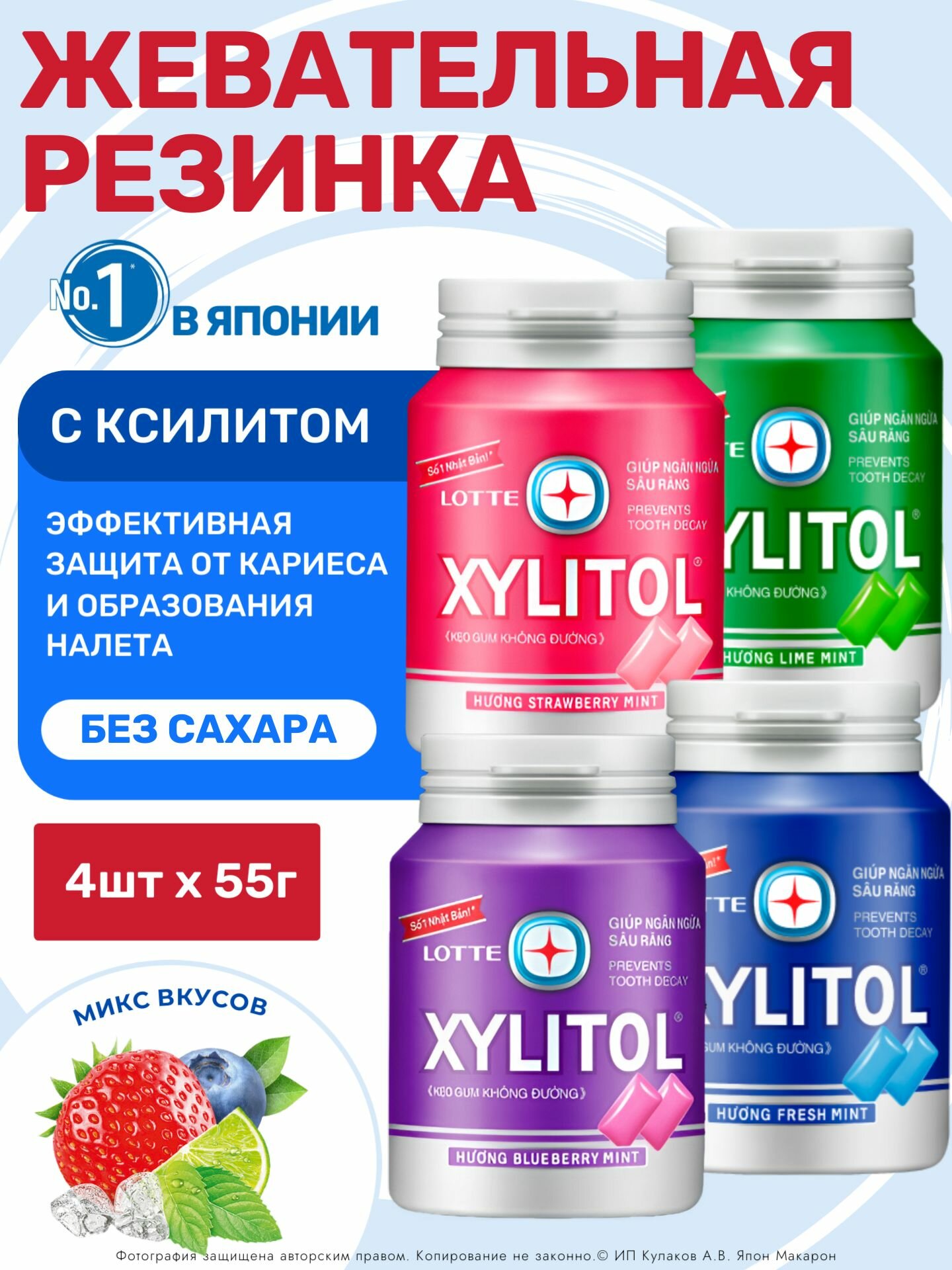 Жевательная резинка без сахара XYLITOL набор 4 штукb, Lotte