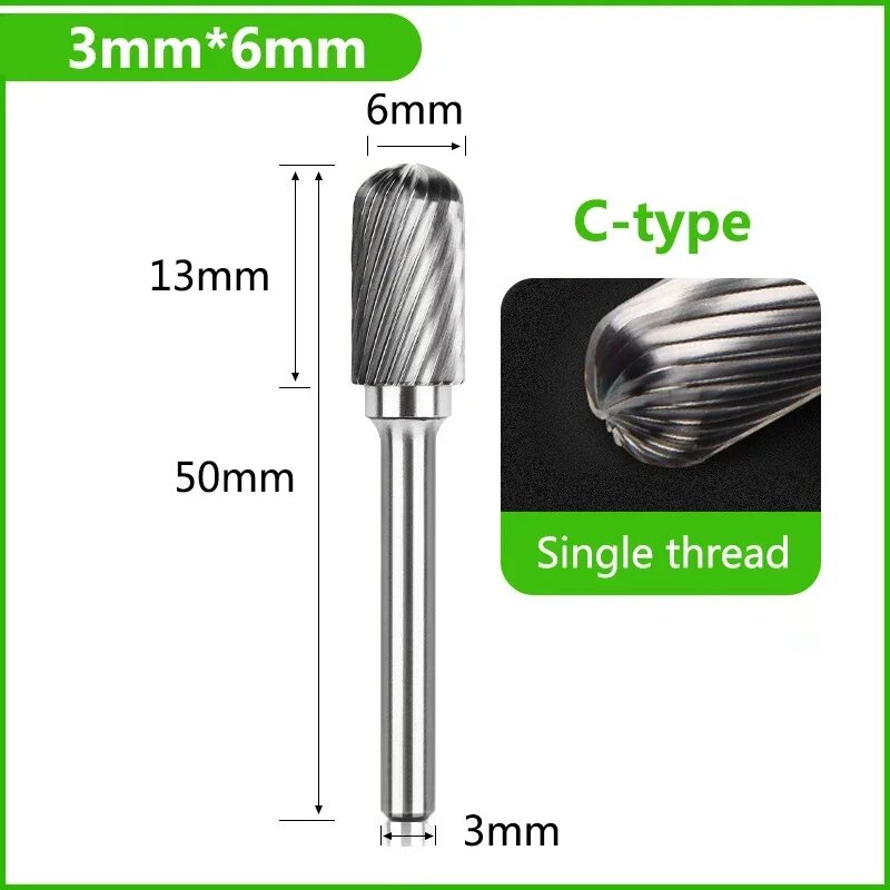 Борфрезы из карбида вольфрама, 6 мм, вращающиеся твердосплавные биты, 2,35/3 мм, фреза с хвостовиком для сверления древесины, резьбы по металлу, гравировки, полировки C-3x6mm(Single)