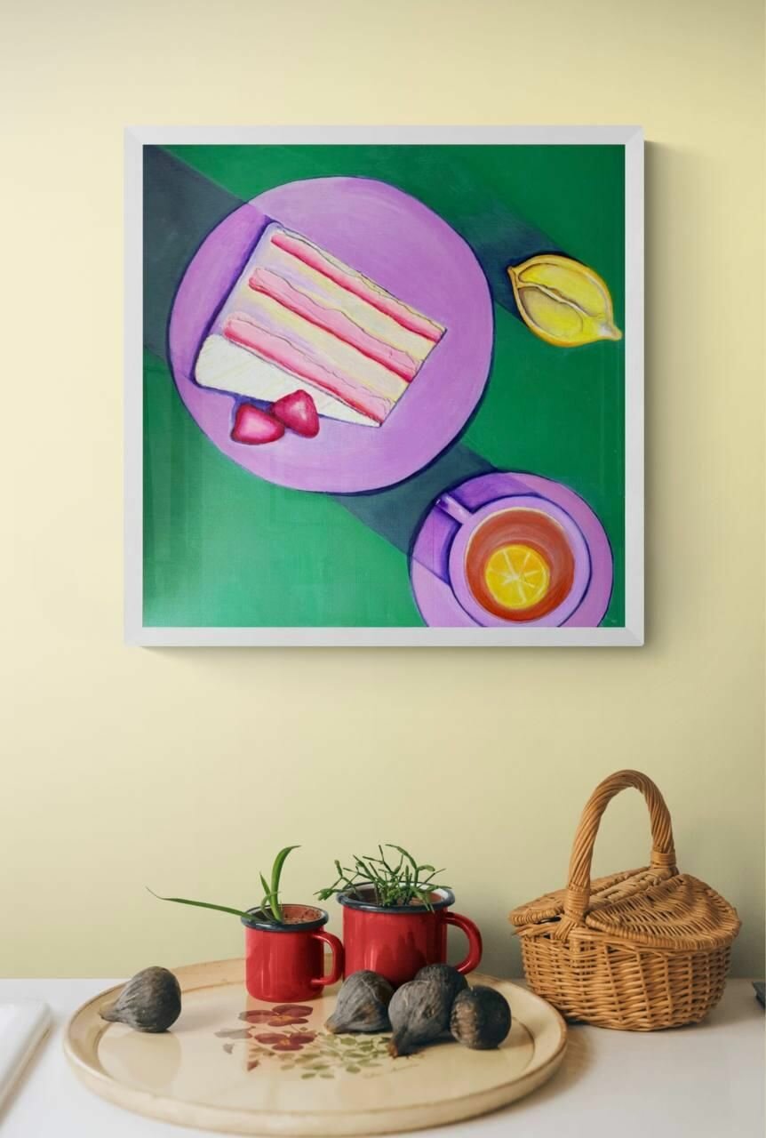 Картина ручная работа Белый торт с клубникой 50х50