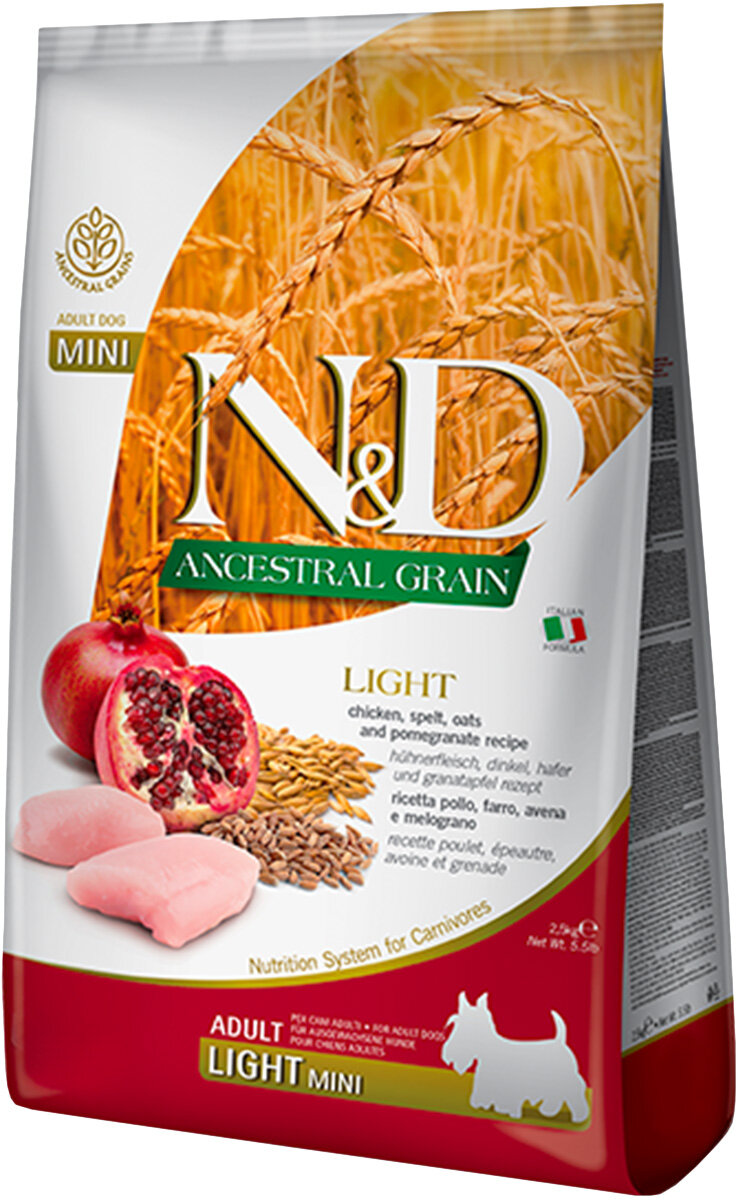 Корм сухой Farmina Dog N&D Ancestral Grain Light Adult Mini Chicken & Pomegranate низкозерновой для взрослых собак маленьких пород, курица и гранат, 2,5 кг