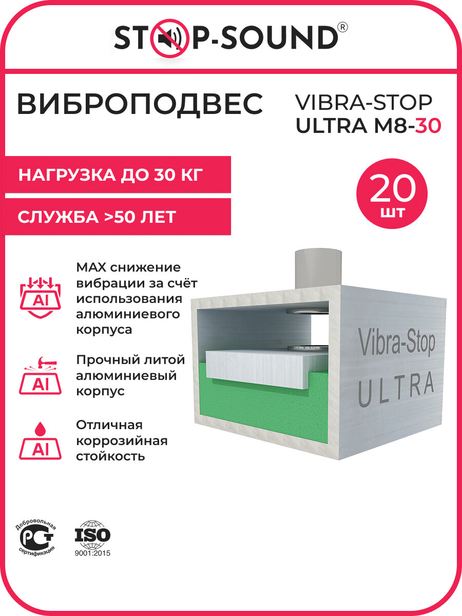 Виброподвес ULTRA M8-30, AL корпус, эластомер, для потолка и оборудования, до 30кг, 20 штук