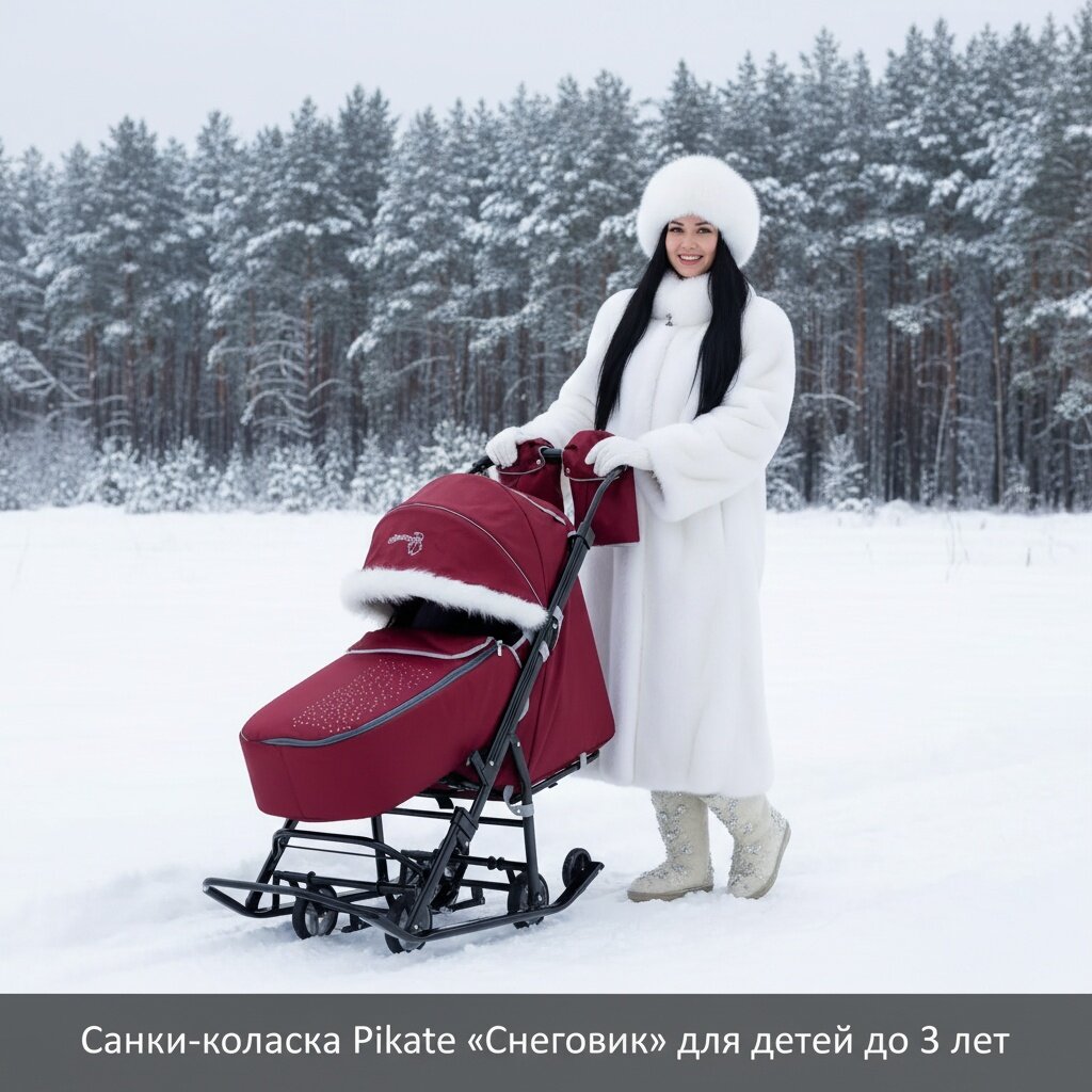 Санки-коляска "Снеговик Pikate", для детей 0-3 лет, с ручкой-толкателем, ремни безопасности, красные