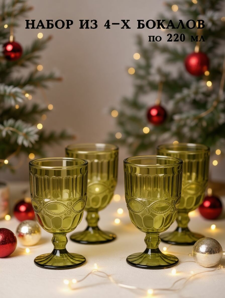 Набор бокалов для вина, воды и сока из цветного стекла 220 мл 4 штуки "Винтаж" олива