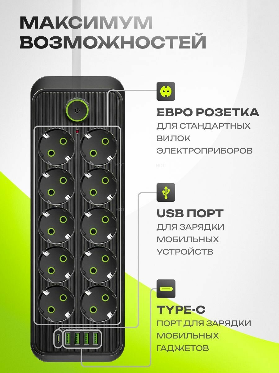 Сетевой фильтр, удлинитель сетевой 5м с USB и type-с. Пилот, тройник