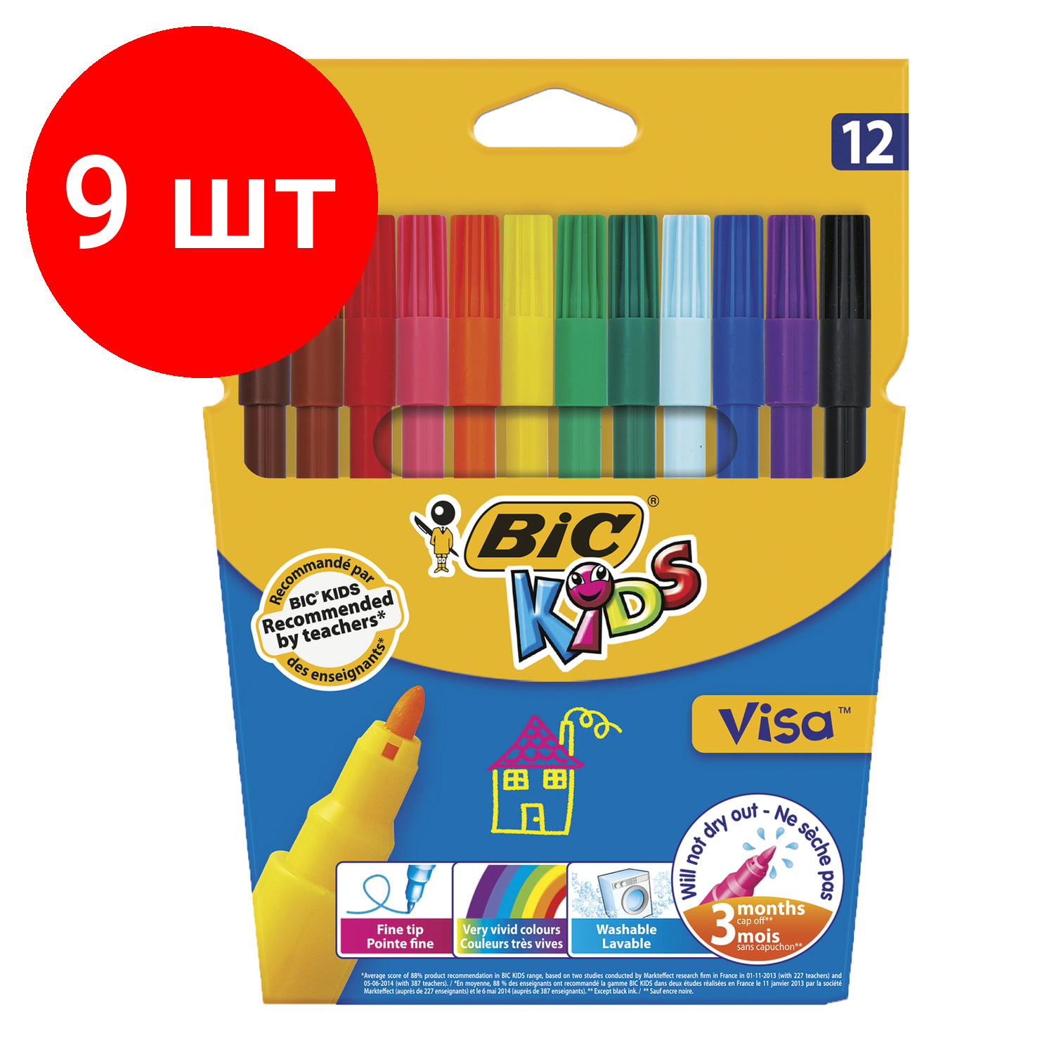 Комплект 9 шт, Фломастеры BIC "Kids Visa", 12 цветов, суперсмываемые, вентилируемый колпачок, европодвес, 889695, 888695