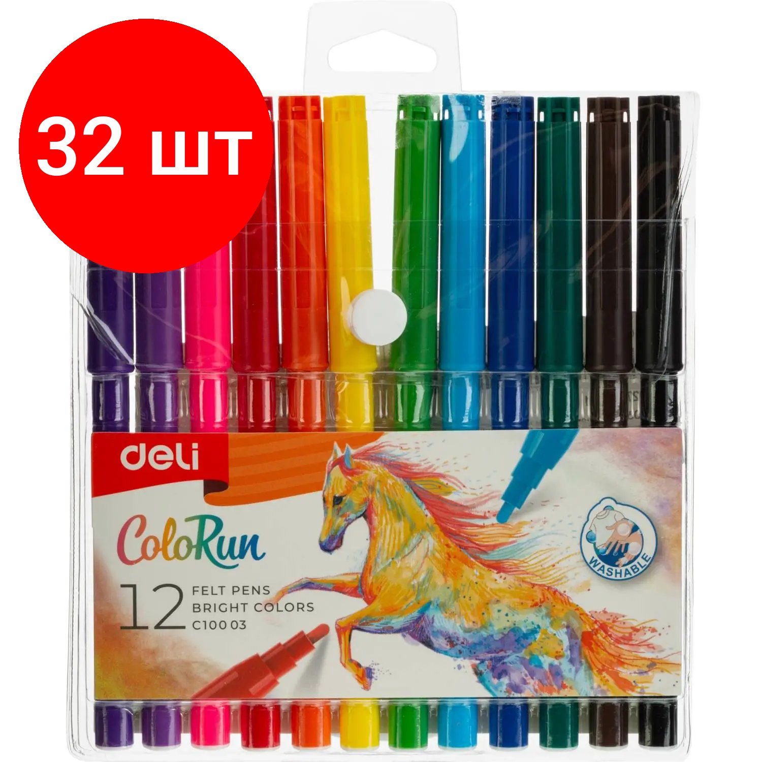 Комплект 32 упаковок, Фломастеры набор Deli ColoRun вентилир. 12цв. пакет с европодвес, EC10003