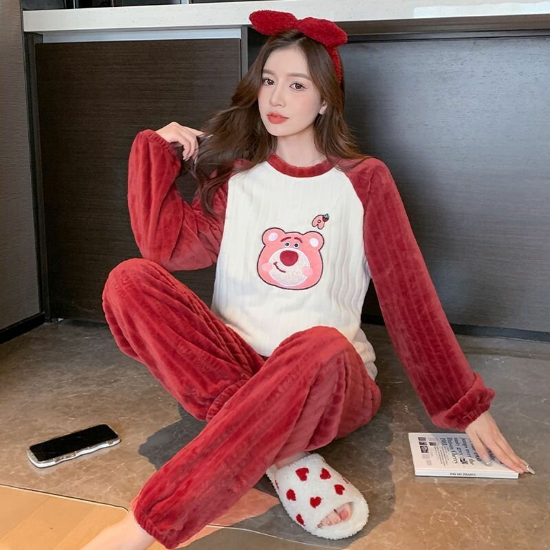 Женские пижамы осень-зима утолщенные из кораллового флиса с длинным рукавом, теплый сладкий фланелевый домашний комплект