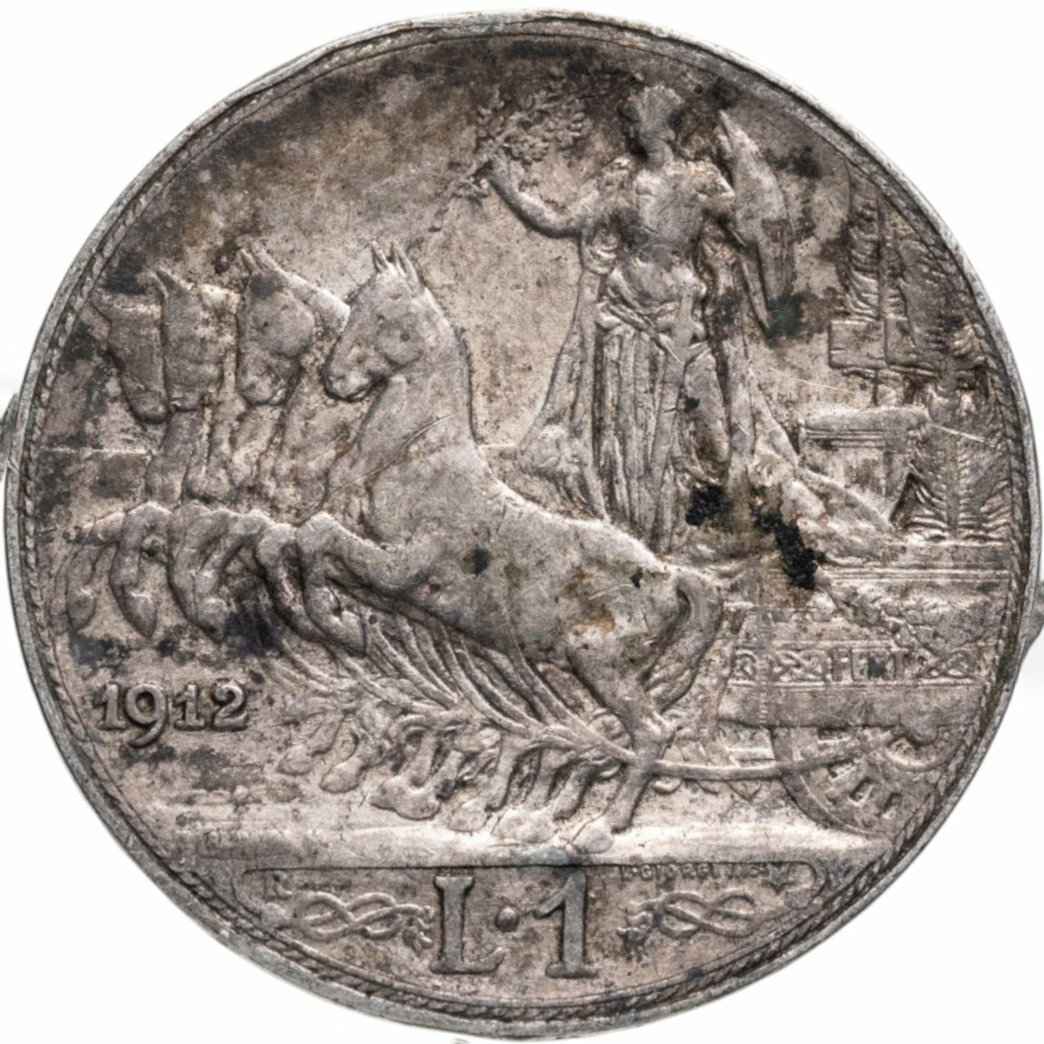 Италия 1 лира lira 1912, Серебро 835, в сохранности XF