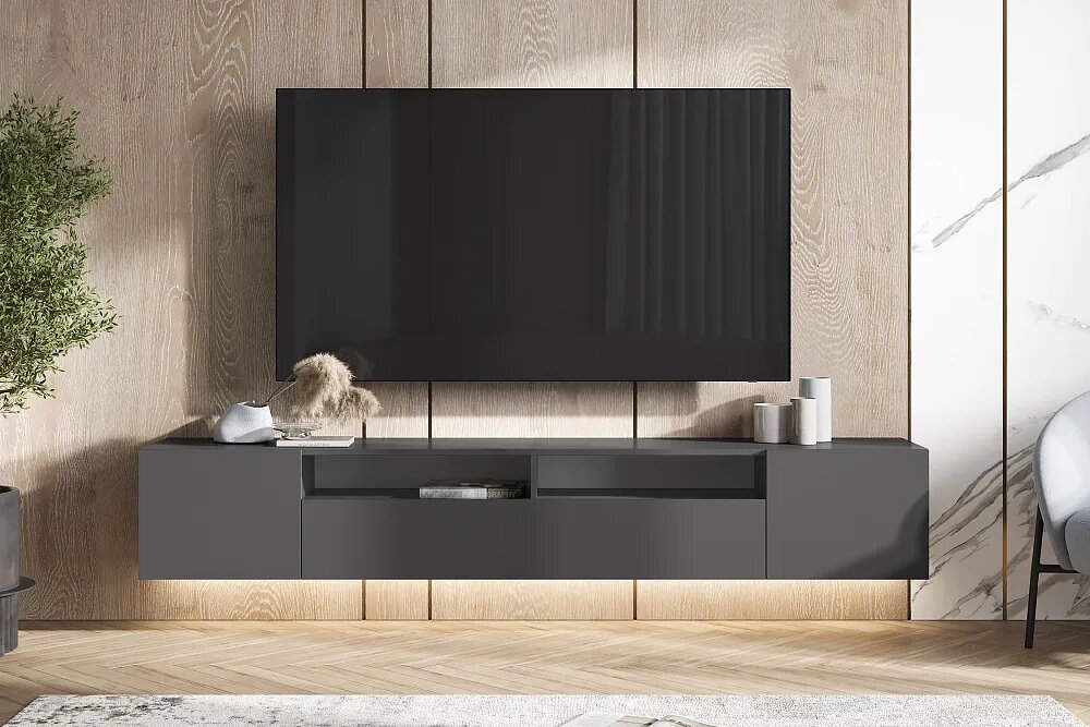 Тумба ТВ под телевизор, ниша для ТВ, 3 двери, 2 открытые полки, Сити, 200х33х34.6 см, ЛДСП, цвет Графит