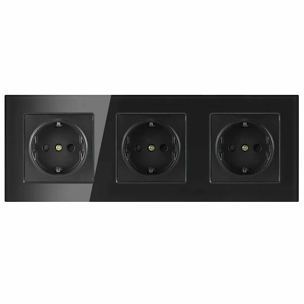 Розетка электрическая черная тройная 3 поста 16А 250В с рамкой из закаленного стекла