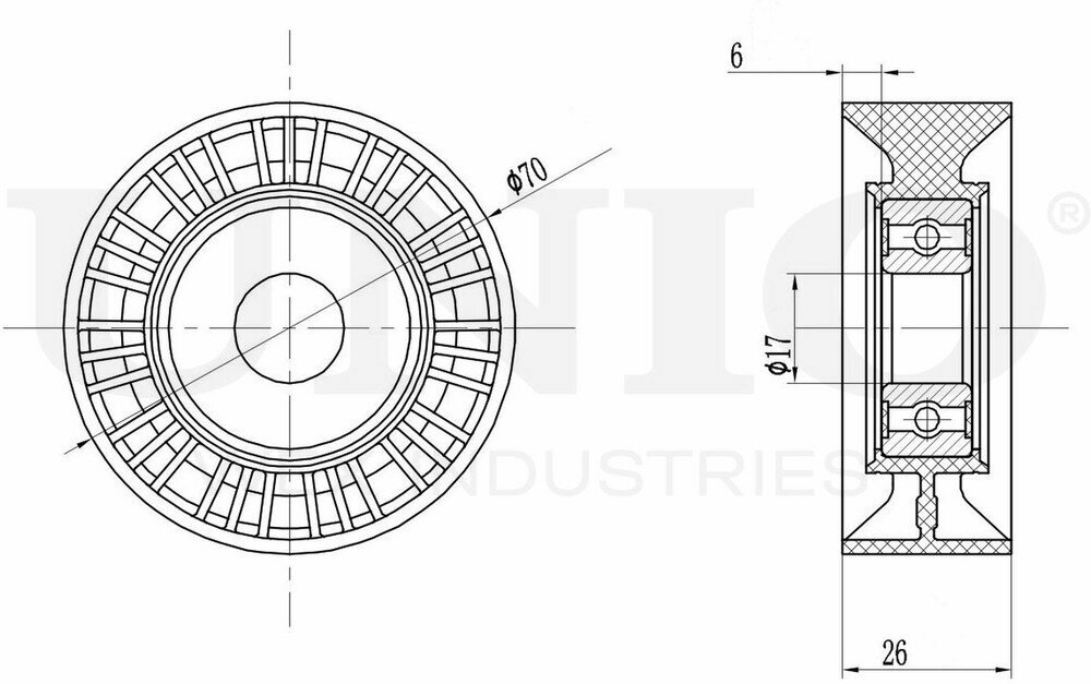 Ролик направляющий приводного ремня UNIO TNS-10189 Bmw 5 E60, E61 02-, X5 E53 01-, 3 E46, E90-E93 98-