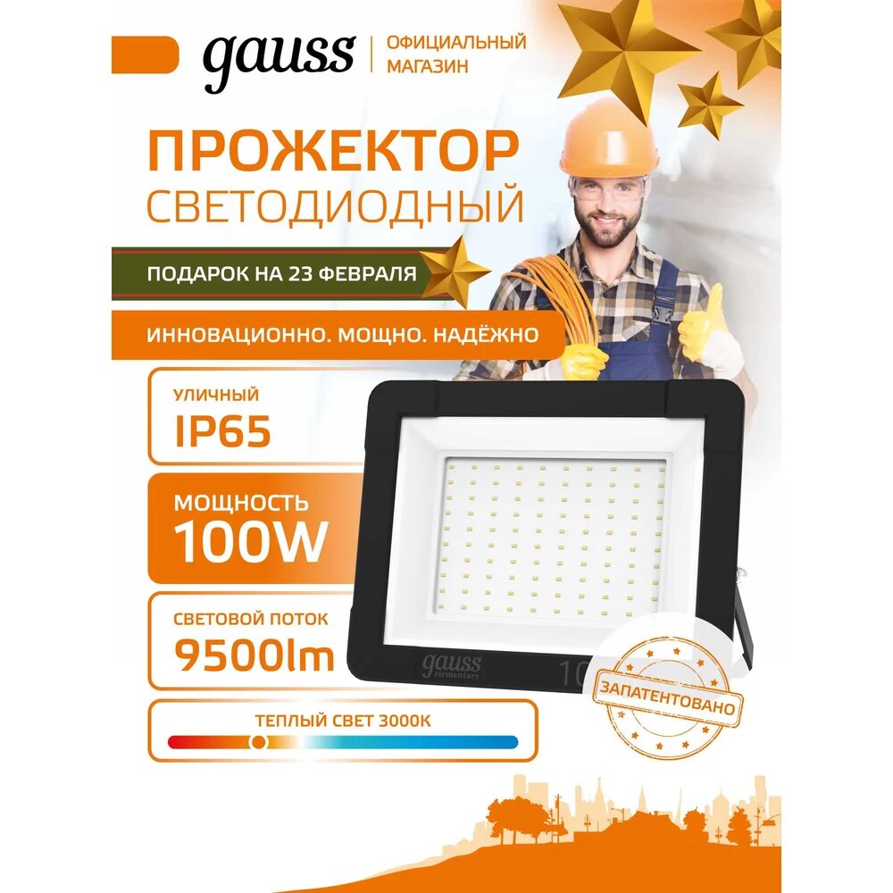 Светодиодный прожектор Gauss Elementary 100W 9490lm IP65 3000К черный, взрывозащищенный, противоударный