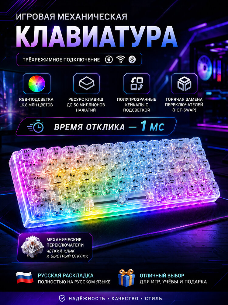 Прозрачная механическая клавиатура 75 клавишная трехрежимная