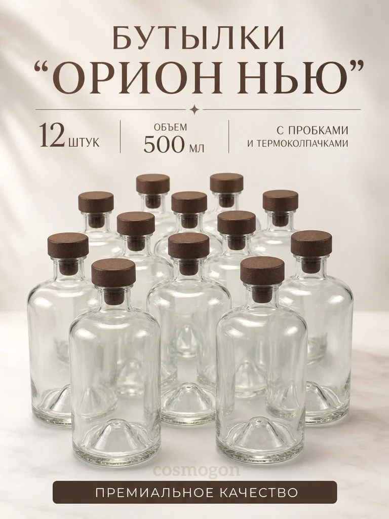 Стеклянная бутылка 0,5 л "Орион", комплект 12 шт с пробками и колпачками