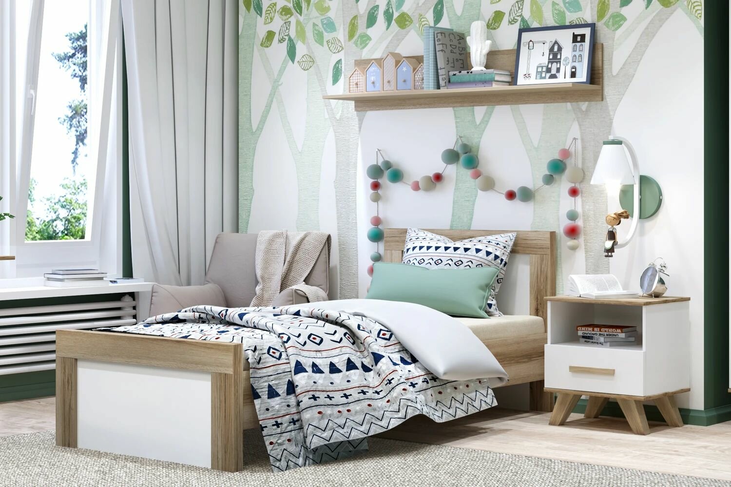 Кровать 900 Вега Скандинавия, цвет Белый, Дуб Каньон