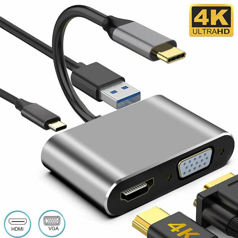 Type-C USB Hub, Разветвитель для USB-портов, HDMI, VGA, алюминиевый сплав, ПВХ