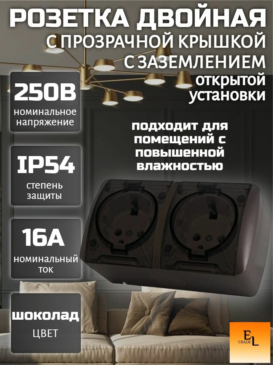 Розетка двойная открытой установки с заземлением, с прозрачной крышкой, 16А, шоколад, P54, Селигер