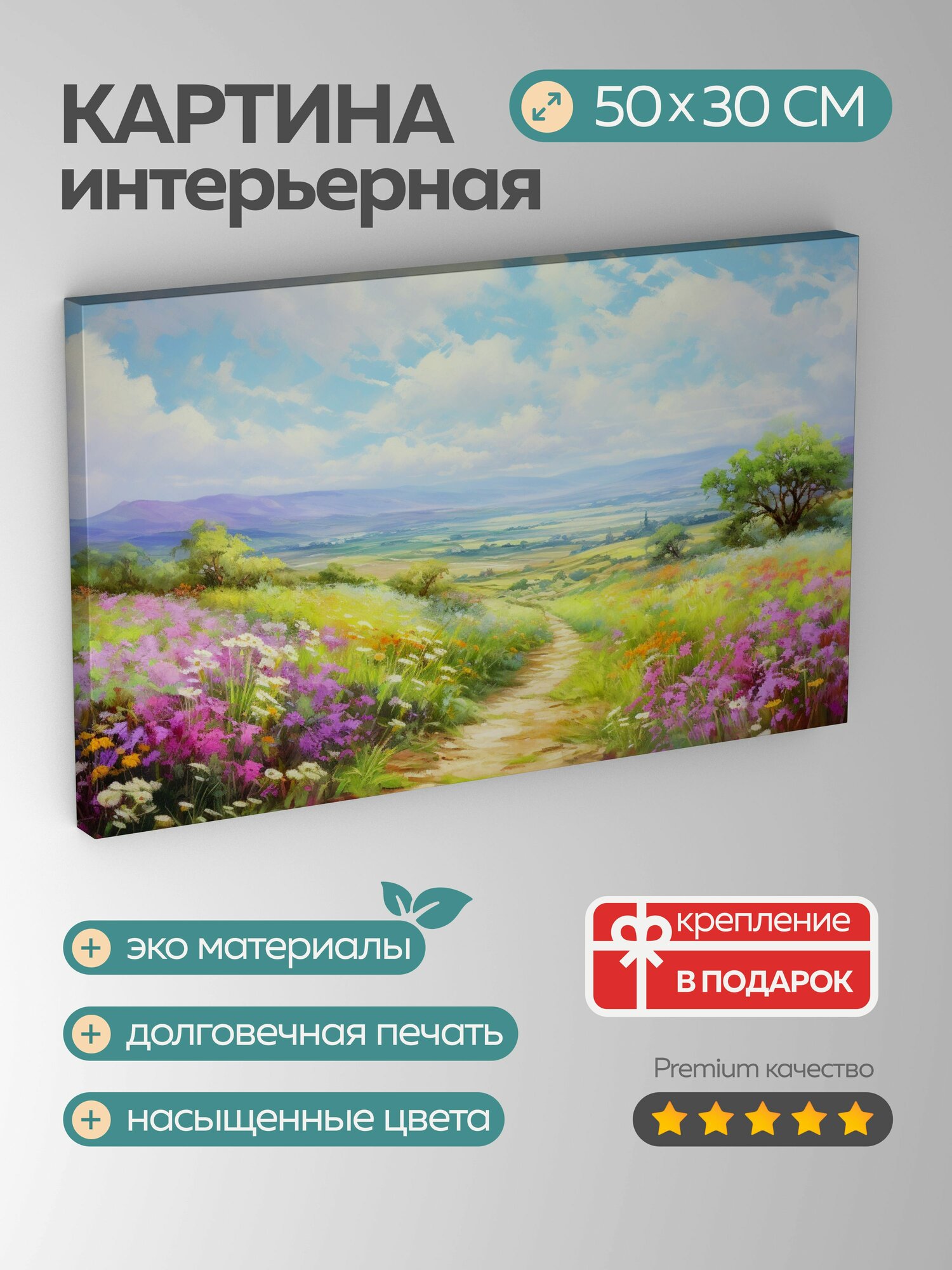 Картина на холсте интерьерная 50х30 см, картина, масло, сельский пейзаж, холмы, цветы, облака, тени, тропинка, цвета