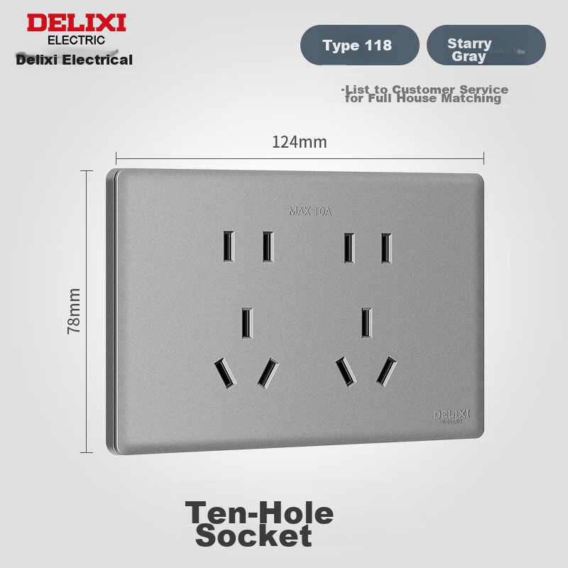 DELIXI 118 Model Switch Socket Panel, CD696 Ultra-Thin Aesthetic Large Panel, Ten-Hole Socket, Space Gray
