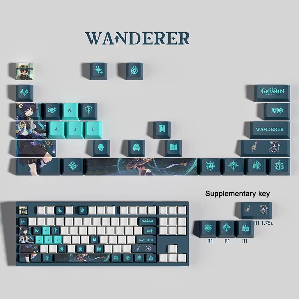 29-клавишный колпачок Genshin Impact Keycap Keycover PBT DYE Сублимационный OEM колпачок для ключей MX Cross Axis Switch Keycap для механической клавиатуры