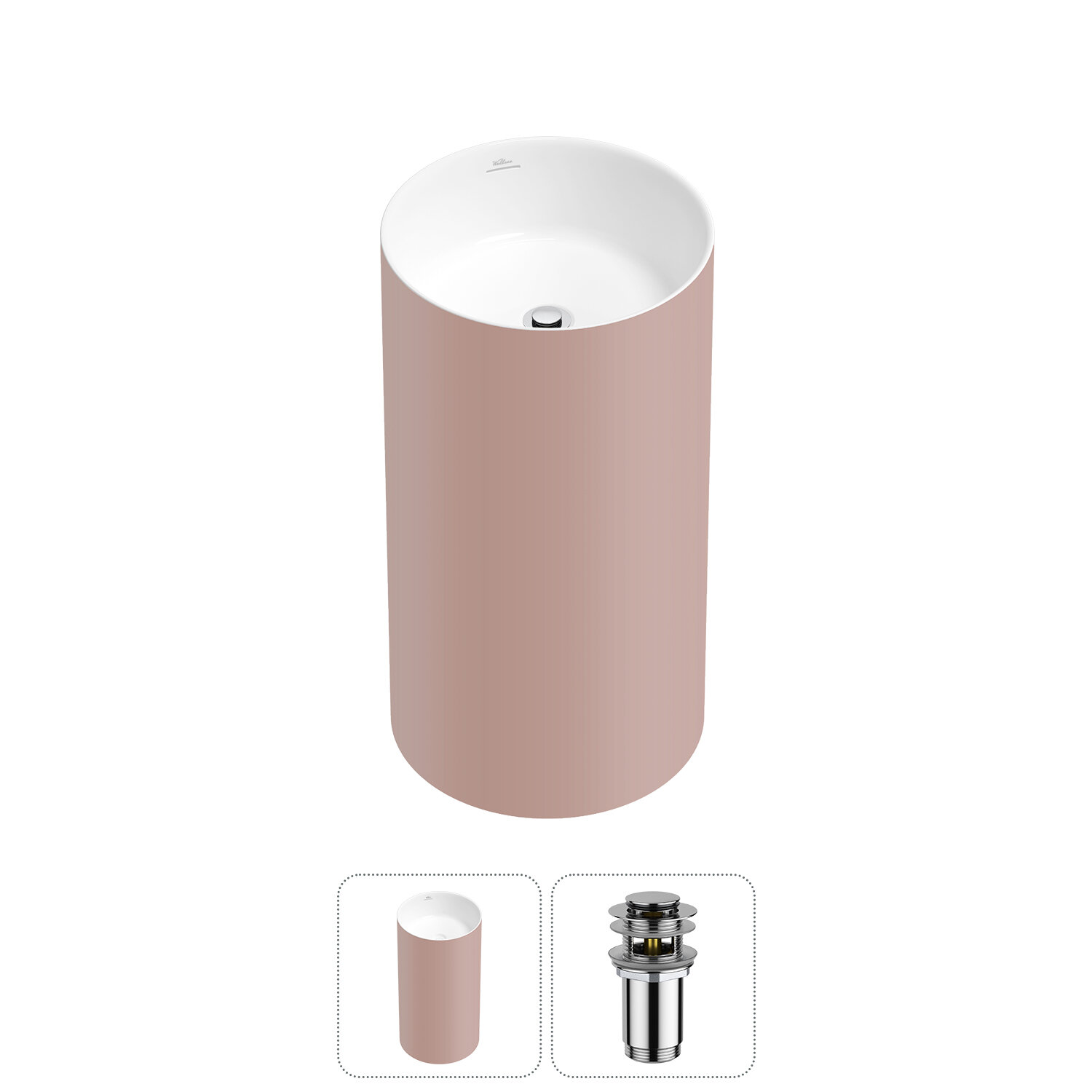 Круглая напольная раковина для ванной Wellsee Chalice Perfection 20212973R в наборе 2 в 1: напольная отдельностоящая раковина моноблок (чаша белый глянец, стенки матовый светло-розовый), донный клапан (цвет хром)