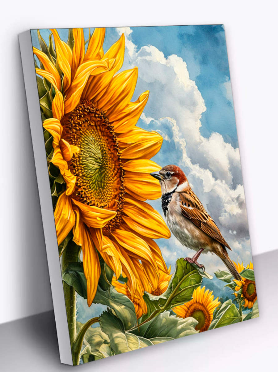 Картина на стену для интерьера "Подсолнух и воробей" 40х50 см, холст на подрамнике, InterHobby
